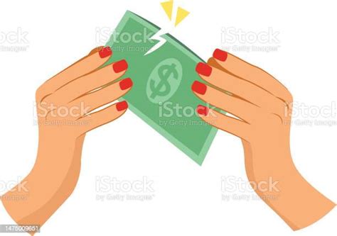 Tangan Wanita Memecahkan Uang Kertas Dolar Ilustrasi Stok Unduh