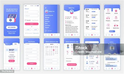 모바일 애플 리 케이 션에 대 한 Ui Ux Gui 화면 의학 앱 평면 디자인 서식 파일의 집합 휴대폰 앱에 대한 스톡 벡터