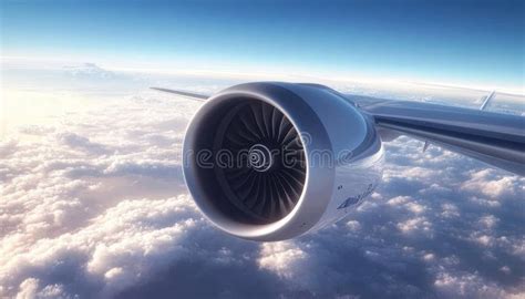Modern Passenger Jet Engine Cruising Above The Clouds On A Bright Day Air Travel Concept Stock