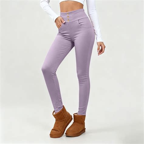 Caywon Womens Solid Color Lined Composite High Waist Pants With Pockets Leggings Full Length