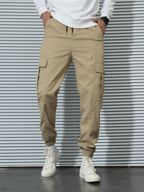 Men Drawstring Waist Flap Pocket Cargo Trousers Khaki Cargo Pants