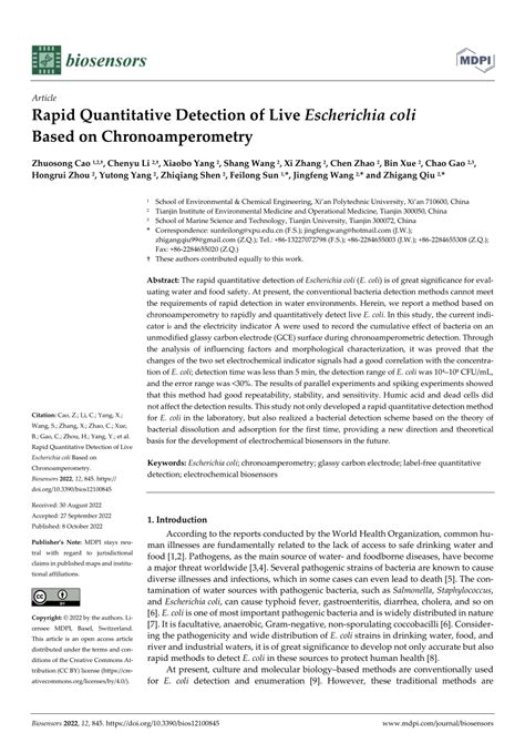 Pdf Rapid Quantitative Detection Of Live Escherichia Coli Based On Chronoamperometry