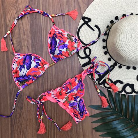 BiquÍni Estampado Detalhe Tacel Coral Dondoca Moda Feminina Dondoca