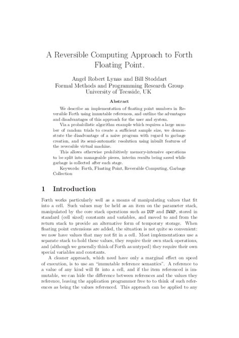 Pdf A Reversible Computing Approach To Forth Floating Point