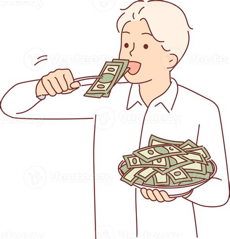 Greedy Man Eats Money From Plate Symbolizing Greed And Ambition For