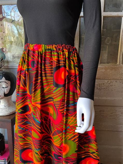1960s Vintage Peacock Feather Print Maxi Skirt Gem