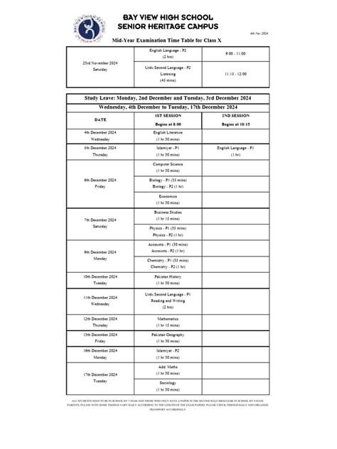 X Mid Year Exam Time Table Dec 2024 Pdf
