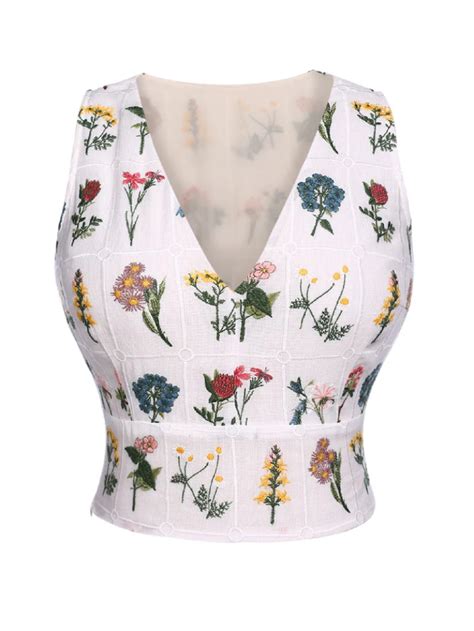 White 1950s Floral Embroidery Crop Top Keiuw