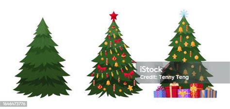 크리스마스 전나무입니다 만화는 녹색 크리스마스 트리를 장식했습니다 겨울 휴가 플랫 벡터 일러스트레이션 세트입니다 크리스마스 전나무 컬렉션 크리스마스 트리에 대한 스톡 벡터