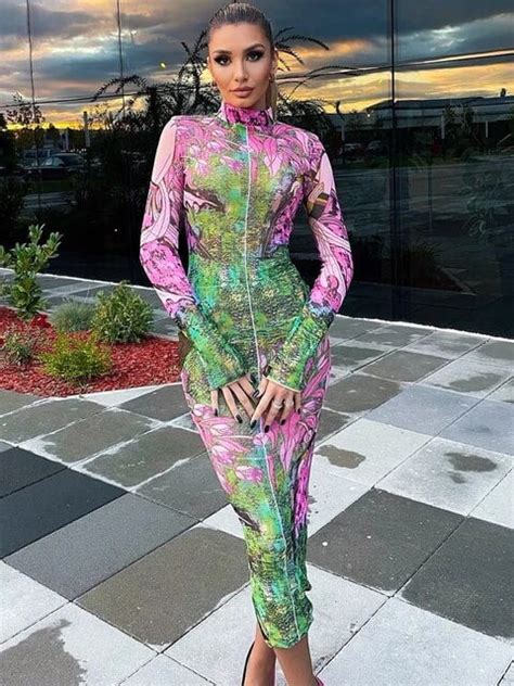 CHYYCNYCH Sexy Y K Clothes Floral Print Long Sleeve High Neck Bodycon Midi Dresses For Women