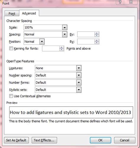 how to add ligatures and stylistic sets to word 2010 and 2013 opentype
