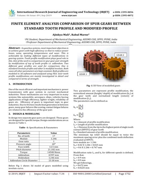 Irjet Finite Element Analysis Comparison Of Spur Gears Between Standard Tooth Profile And