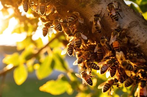 Premium Ai Image Swarm Of Bees On A Tree Branch At Sunset