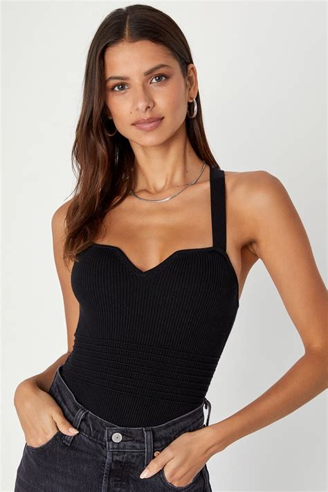 Black Ribbed Knit Bodysuit Sleeveless Bodysuit Chic Bodysuit Lulus