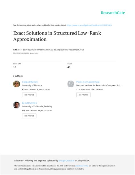 Pdf Exact Solutions In Structured Low Rank Approximation