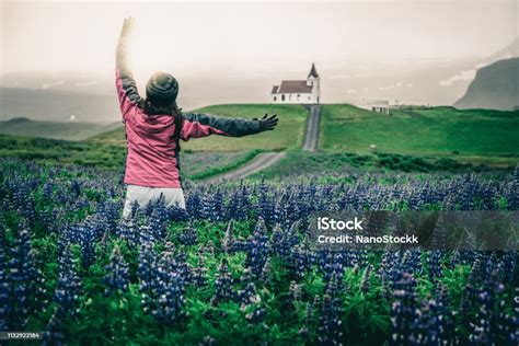 여성 여행자 들이 스 나이 펠 쇼 쿨 산의 배경과 함께 루 파인 꽃을 피는 들판에 있는 헬 리 란 구르의 교회를 여행 합니다