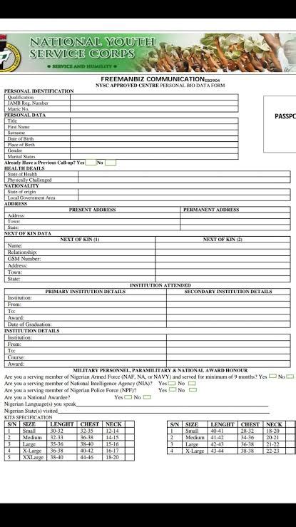 Nysc Registration Form Sample Educational Purpose Only Nysc News