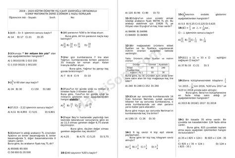 Sınıf Matematik Dönem Yazılı Soruları Açık Uçlu HangiSoru