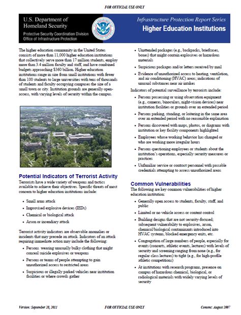 U Fouo Dhs Infrastructure Protection Report Higher Education Institutions Public Intelligence