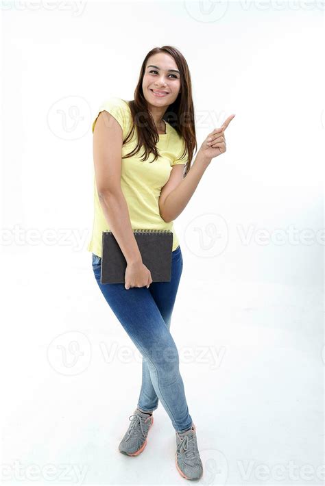 Yong Asian Youth Girl In Casual Dress Point Holding Book Notebook Look