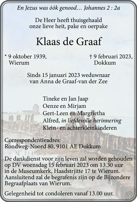 Klaas De Graaf Overlijdensbericht En Condoleances Mensenlinq Nl