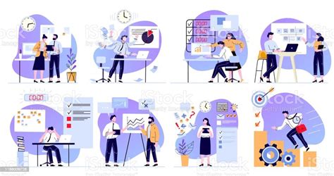 조직 된 사무실 작업 작업 플래너 시간 관리 및 작업 생산성 작업 마감 일람표 플랫 벡터 그림 세트입니다 사무실 워크플로 조직 효과적인 팀워크 프로세스 인포그래픽에 대한