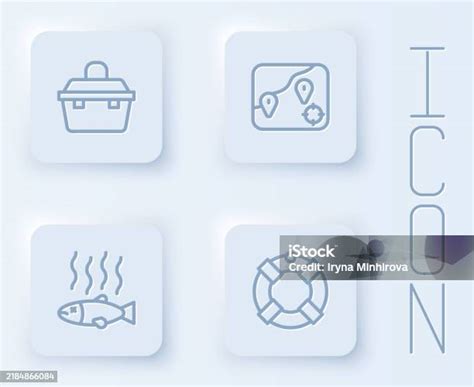 낚시 장비 위치 시체 및 구명 부표용 라인 케이스 또는 상자를 설정합니다 흰색 사각형 버튼입니다 벡터 구조에 대한 스톡 벡터 아트 및 기타 이미지 Istock