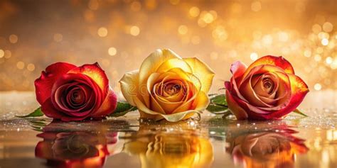 Reflective Golden Hour Beauty Three Exquisite Roses With Warm Hues And Glimmering Background