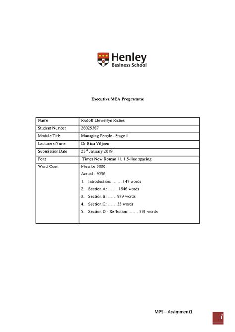 MP Assignment EMBA 26025387 MPS Assignment I Executive MBA