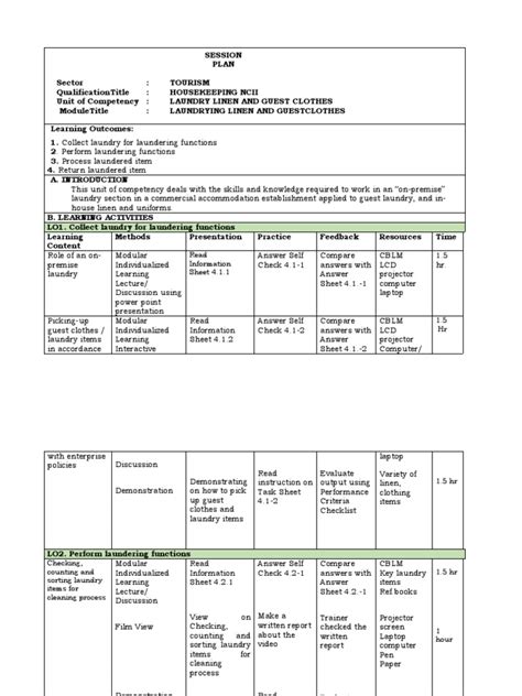 Session Plan Housekeeping Ncii By Amelia B Regida Pdf Laundry