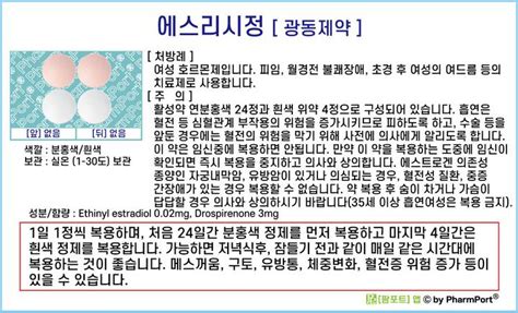 팜포트 에스리시정 광동제약 약품정보 복약안내문 여성호르몬제 피임 여드름 월경곤란증 월경전불쾌장애 치료