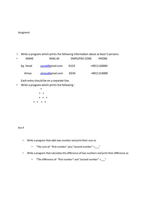 Assigment 000 Act Assigment Ass 4 Write A Program That Adds Two Number And Print Their Sum