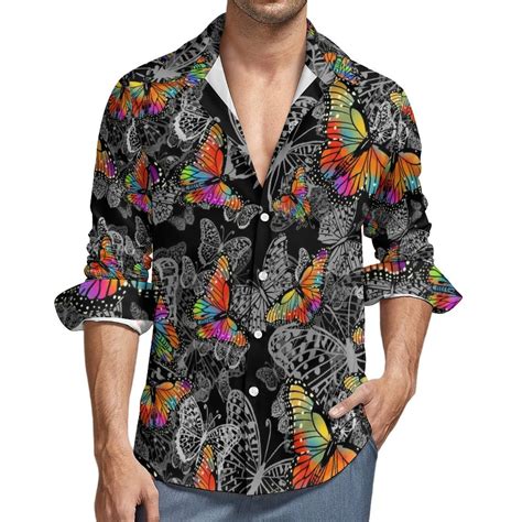 Long Sleeve Button Down Shirts For Men Multicolored Butterflies C