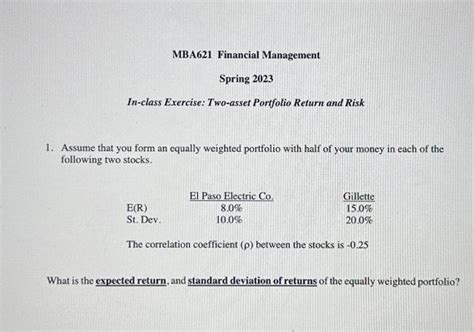 Solved In Class Exercise Two Asset Portfolio Return And