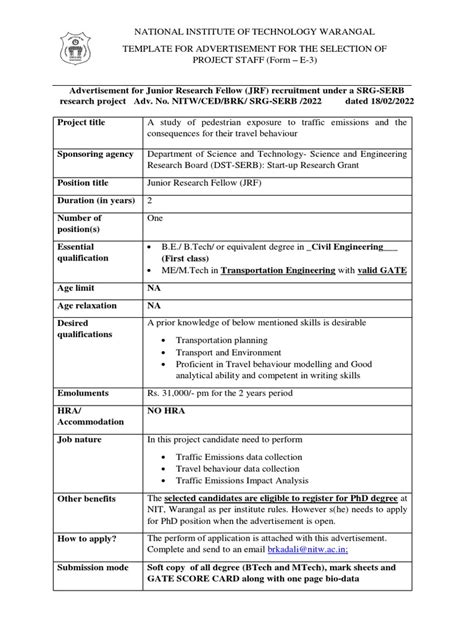 00 Serb Dst Jrf Notification Pdf Vocational Education