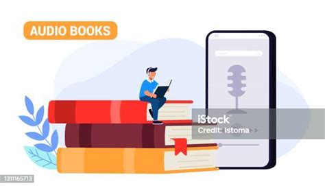 오디오 미디어 와 책 모바일 장치 또는 컴퓨터 E러닝 개념 월드 북 독서 하루 귀여운 그림에서 오디오 북 팟 캐스트 및 온라인 과정을 듣고 작은 사람들 듣기에 대한 스톡