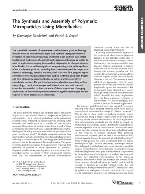 Pdf The Synthesis And Assembly Of Polymeric Microparticles Using Microfluidics