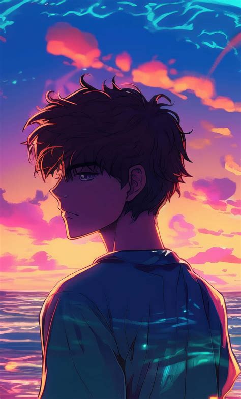 Download Anime Youth Gazing Into Sunset Wallpaper