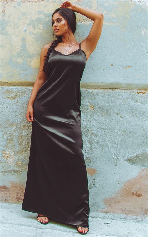 Black Satin V Neck Maxi Dress Dresses Prettylittlething