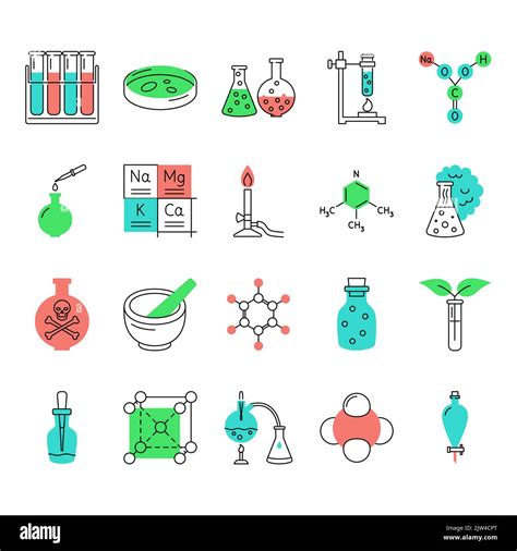 Chemistry Icon Set In Colored Line Style Chemical Laboratory Equipment