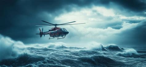 Helicopter Flying Over Stormy Sea Dramatic Clouds Turbulent Waves