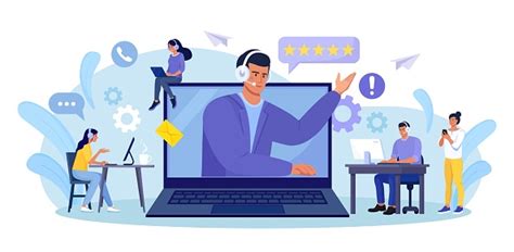 고객 지원 문의 헤드폰과 마이크를 가진 남자가 노트북 화면에서 고객과 이야기합니다 개인 비서 서비스 핫라인 운영자는 고객 온라인 글로벌 기술 지원을 조언합니다 전화에 대한