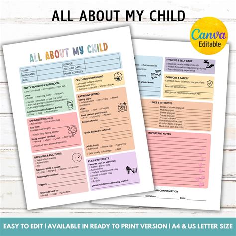 All About Me Template For Daycare Daycare Form Daycare Information