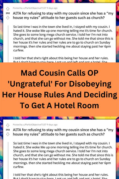 Mad Cousin Calls Op Ungrateful For Disobeying Her House Rules And Deciding To Get A Hotel Room