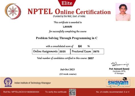 Completed Nptel Course On Problem Solving With C Lahari Gamidi Posted