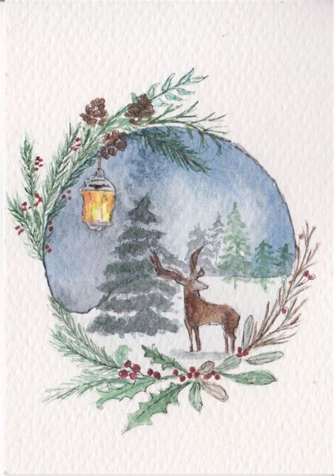 A Watercolor Painting Of A Deer In The Snow Next To A Christmas Tree