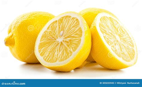 Lemon Fruit With Leaf Isolate Lemon Whole Half Slice Leaves On