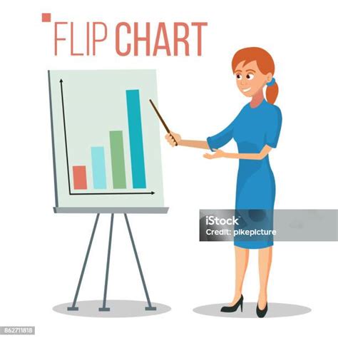 플립 차트 프레 젠 테이 션 개념 벡터입니다 여 자가 보여주는 전략 프리젠테이션 교육 회의 회의입니다 평면 절연된 그림 만화 비즈니스 정보 그래픽 건강 진단에 대한 스톡