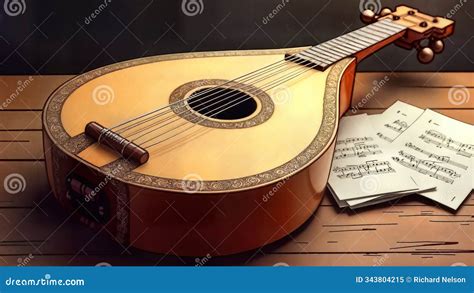 Classical Mandolin With Sheet Music On Wood Stock Illustration