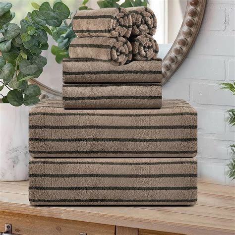 8 Pcs Polyester Brown Cabana Stripe Large Bath Towel Set 2